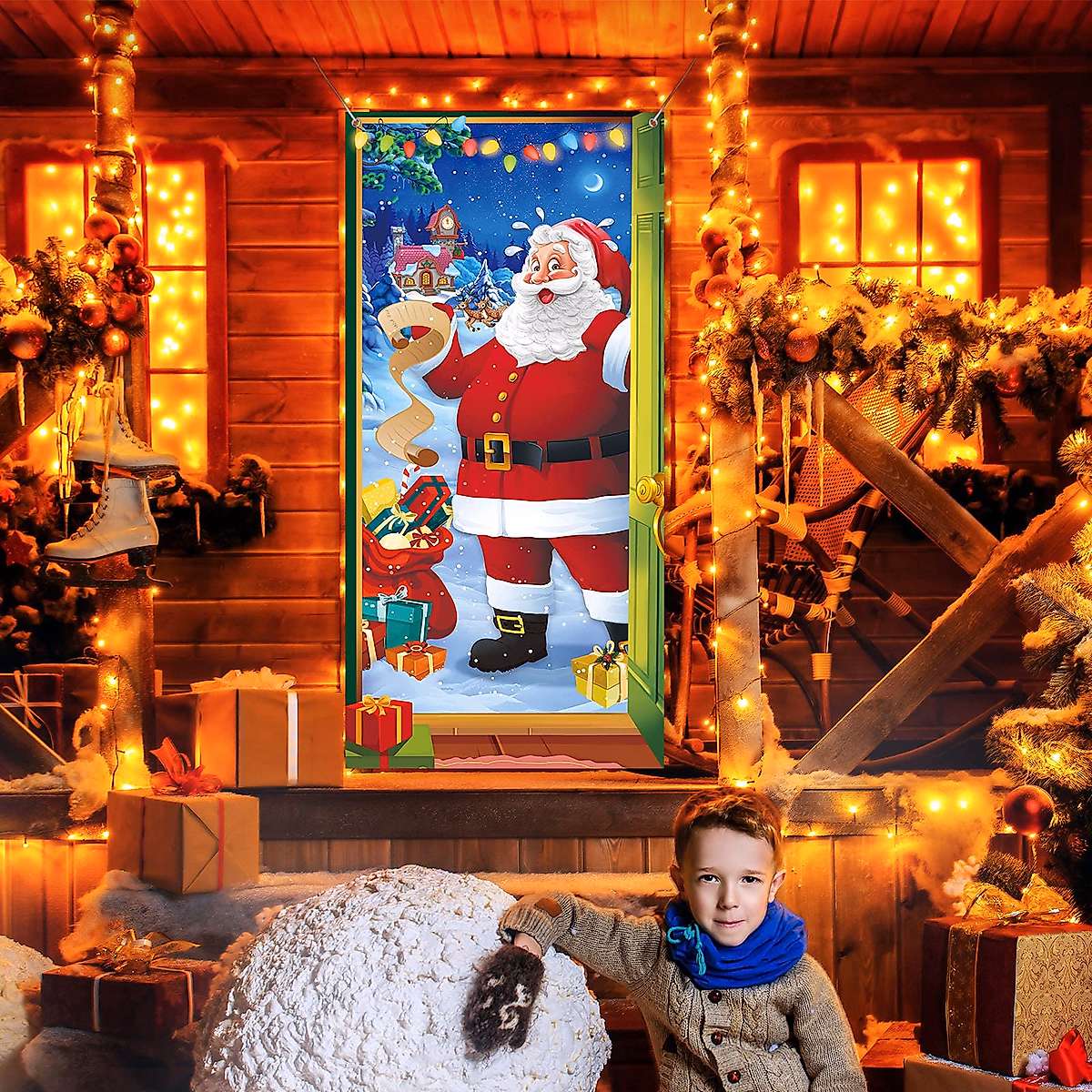 Christmas Door Cover Decoration Santa Backdrop Xmas Door Hanging Covers Christmas Eve Background Funny Santa Claus Banner Christmas Party Decorations Photo Booth for New Year Christmas 78 x 35.4 inch