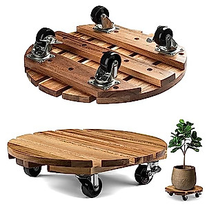 Velway 2Pack Plant Caddy Stand with Wheels: 12" Round Rolling Plant Stand with 360° Lockable Casters - Heavy-Duty 220lbs Acacia Wood Plant Dolly for Indoor Outdoor Patio Flower Pot
