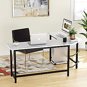 Tribesigns 66 inch Modern L Shaped Desk, Corner Computer Desk PC Laptop Gaming Table Workstation for Home Office, White Faux Marble/Black Metal Frame