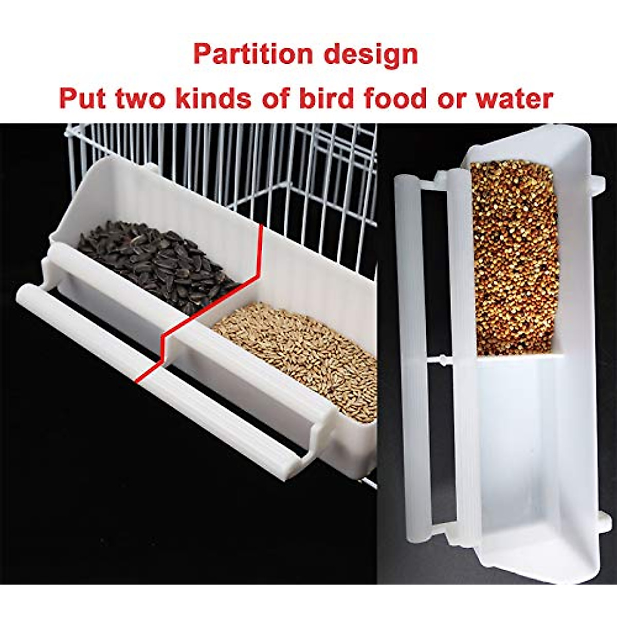Lucky Interests 4pcs Bird Feeder, Pet Bird Food Double Plastic Seed Water Feeder Dispenser Standing Frame Plastic Food Feeder Cup for Parrots Cockatiel Pigeon Sparrow Bird Cage Bowl with 4 Bird Spoons