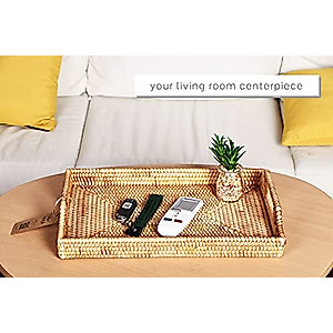 Large Rattan Tray with Rattan Coasters - Premium Flat Rectangular Serving Tray with Handles, Wicker Basket Tray 17''x11.4''x2'' Hand Woven Decorative Bed Tray for Coffee Table, Boho Tray by LYSCO
