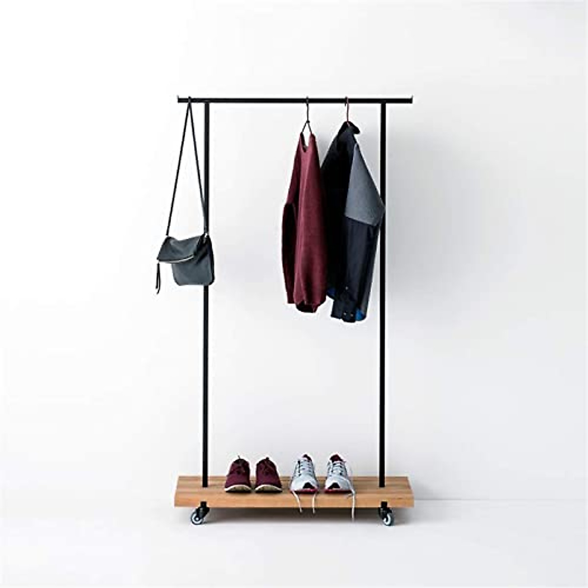 XYYXDD Industrial Style Clothes Rail,Horizontal Bar Metal Mobile Clothing Rack Floor-Standing Display Stand with Solid Wood Partition Shoe Rack/Black/160 * 90 * 40Cm