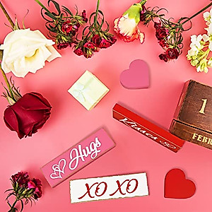 5 Pcs Valentine's Day Decorations Wooden Heart Blocks Signs Hugs Kisses Valentines Sign Decorations Gift Tiered Tray Decor Wood Heart Shape Wedding Decorations for Home Farmhouse (Heart)
