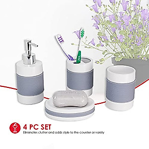 Home Basics 4 Piece Bath Accessory Set with Rubber Grip, Featuring Soap Dish, Toothbrush Holder, Tumbler, Soap Dispenser, White
