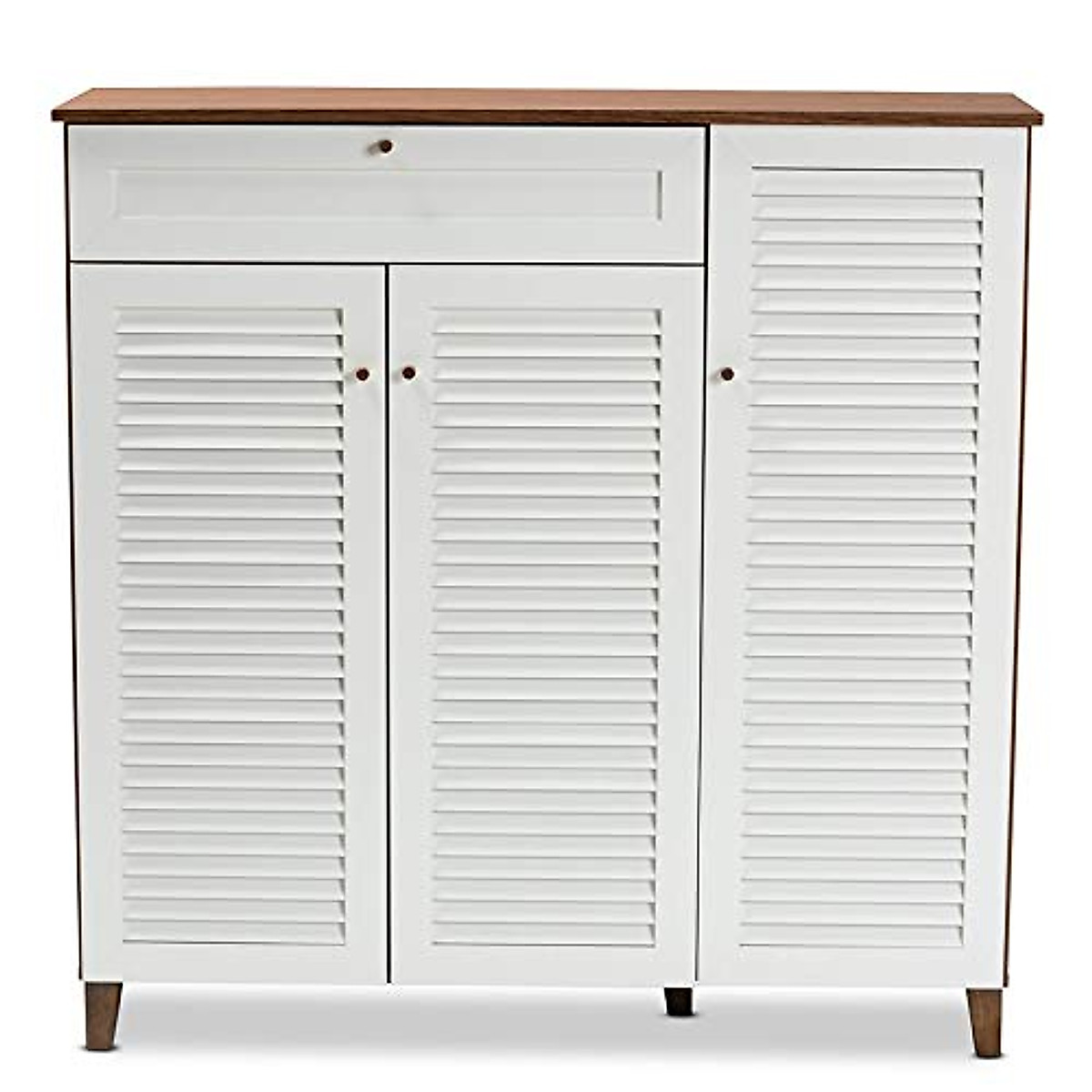 BOWERY HILL Walnut Finished 11-Shelf Wood Shoe Cabinet with Drawer