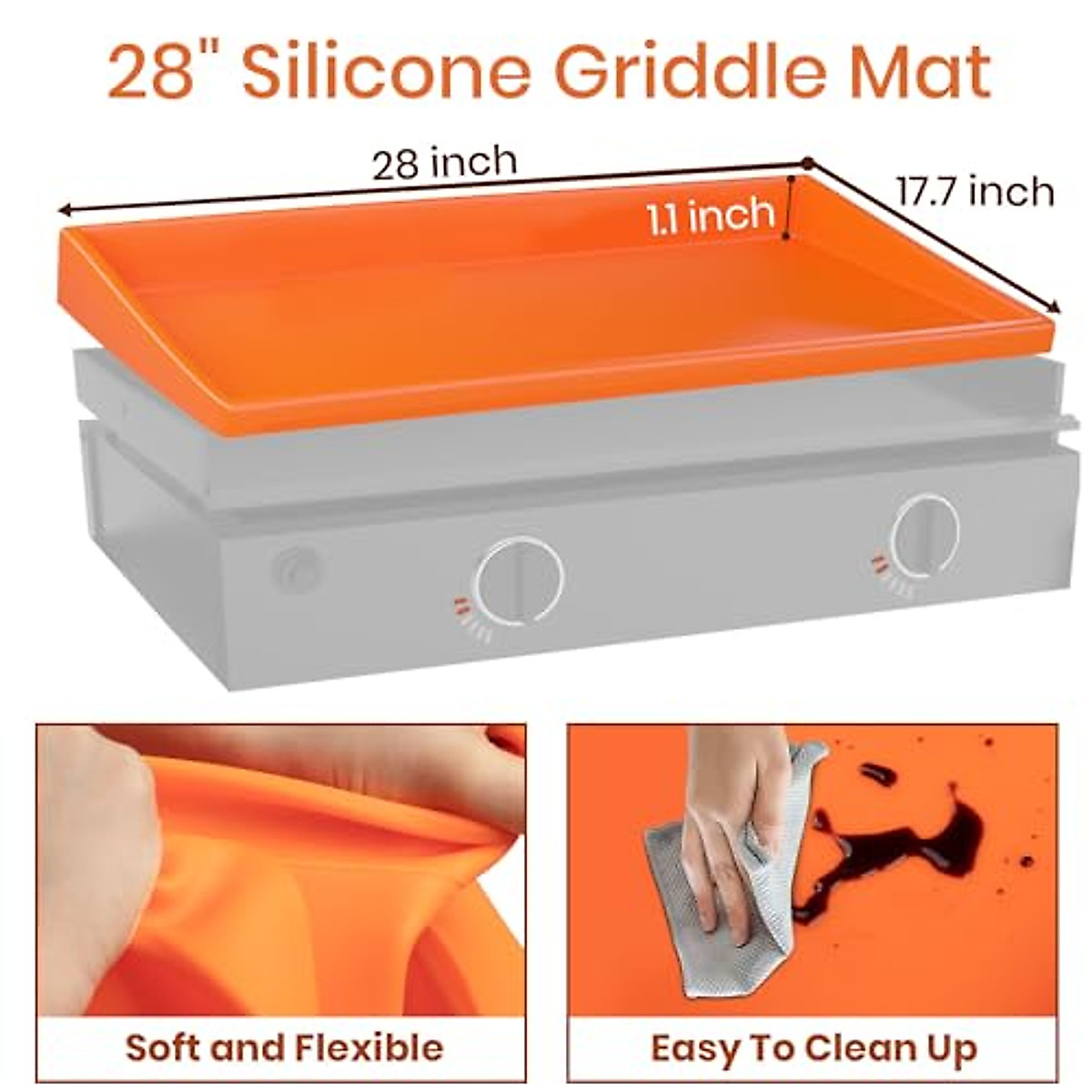 Velway 28" Silicone Griddle Mat for Blackstone - Upgraded Full-Edge Heavy Duty Griddle Mat Cover - Protect Grill from Dust, Rust, Leaves - All Season Protective Cover for Blackstone Grill (Orange)