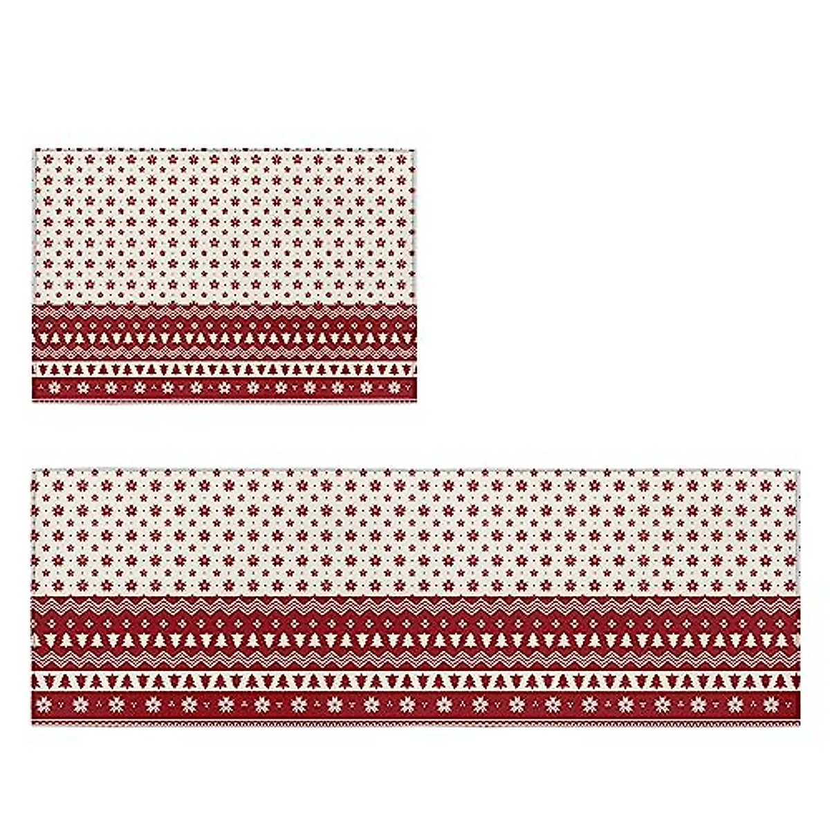 MUENINELE Kitchen Floor Rugs, Merry Christmas Snowflake Xmas Tree Geometric Pattern Red Non-Slip Runner Mats Runner Rugs for Laundry, Bedrooms, Sink, Office, 2 PCS Set