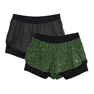 icyzone Running Yoga Shorts for Women - Activewear Workout Exercise Athletic Jogging Shorts 2-in-1 (Black Heather/Green Heather, L)