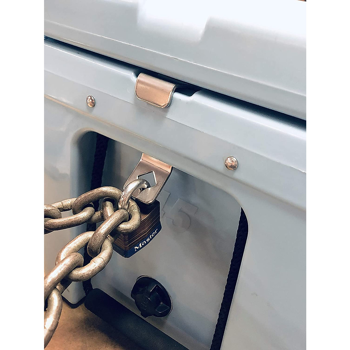Universal Cooler Lock Brackets: Designed to fit Tie Down Slot of Mid to Large Rotomolded Ice Chests (Compatible with Yeti/RTIC Coolers) Made of Stainless Steel in The U.S.A. ( Pair )