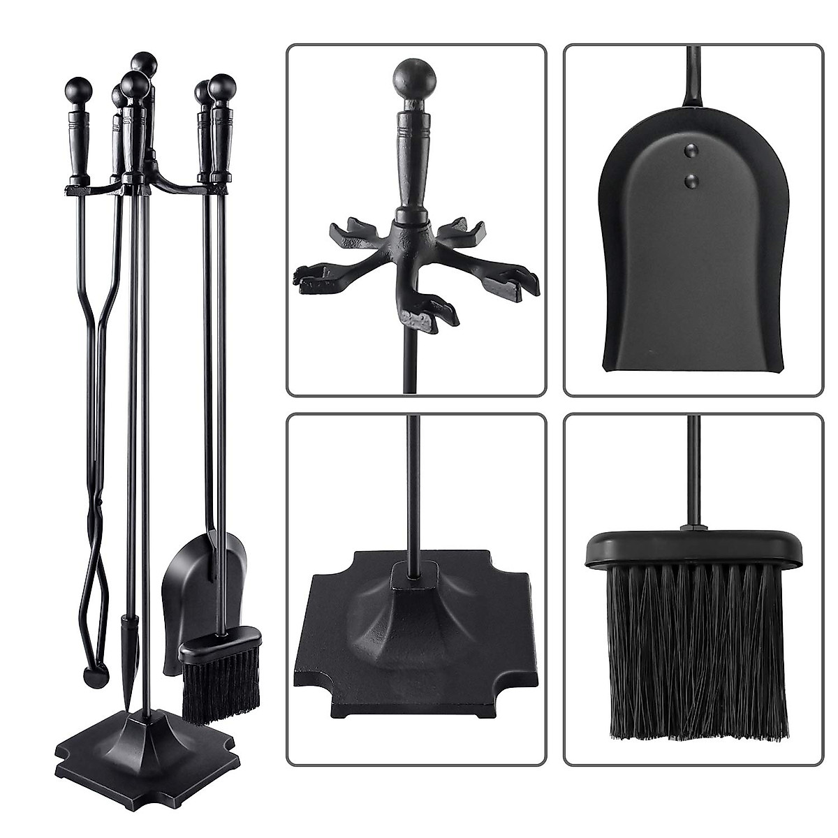 WBHome Fireplace Tools Set 5 Pieces Wrought Iron Fireset Fire Pit Poker Wood Stove Log Tongs Holder Fireplace Tool Set With Pedestal Place, 32 Inch (Black All)