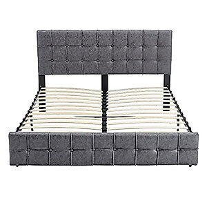 Full/King/Queen Size,Upholstered Platform Bed Frame with Adjustable Headboard,Square Stitched Button Mattress Foundation w/Wood Slats,No Box Spring Needed (Dark Grey, Queen (U.S. Standard))