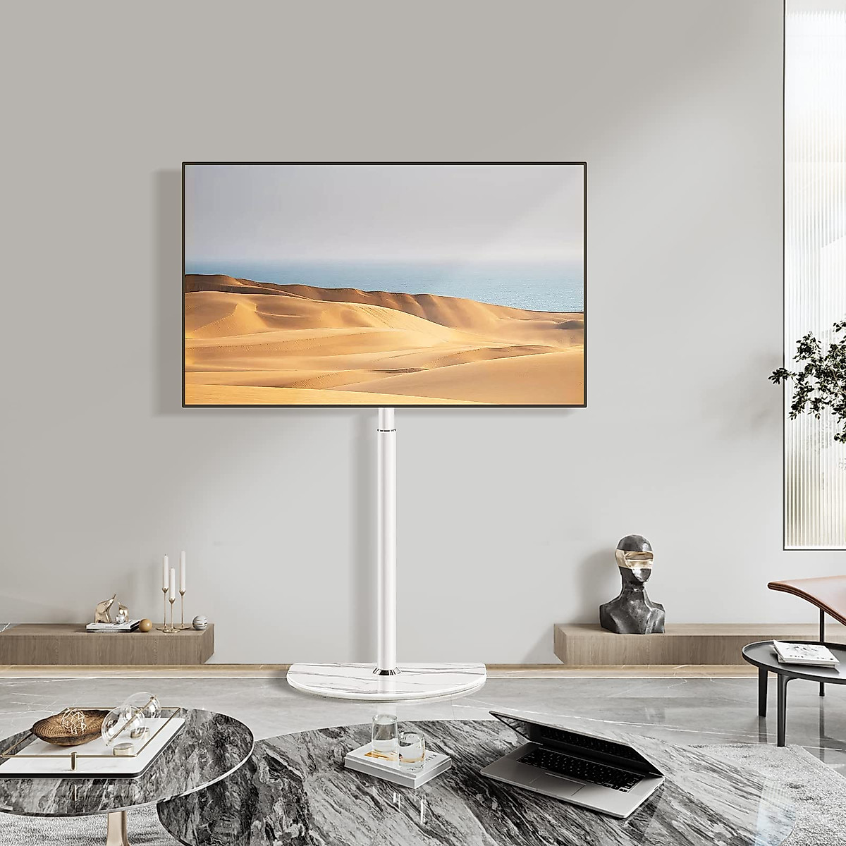 Universal Corner TV Floor Stand with Swivel Mount for 32-65 inch LED LCD Plasma Flat Panel or Curved Screen TVs, Mid Century Modern TV Stand with Height Adjustable and Semi Circular Glass Base, White