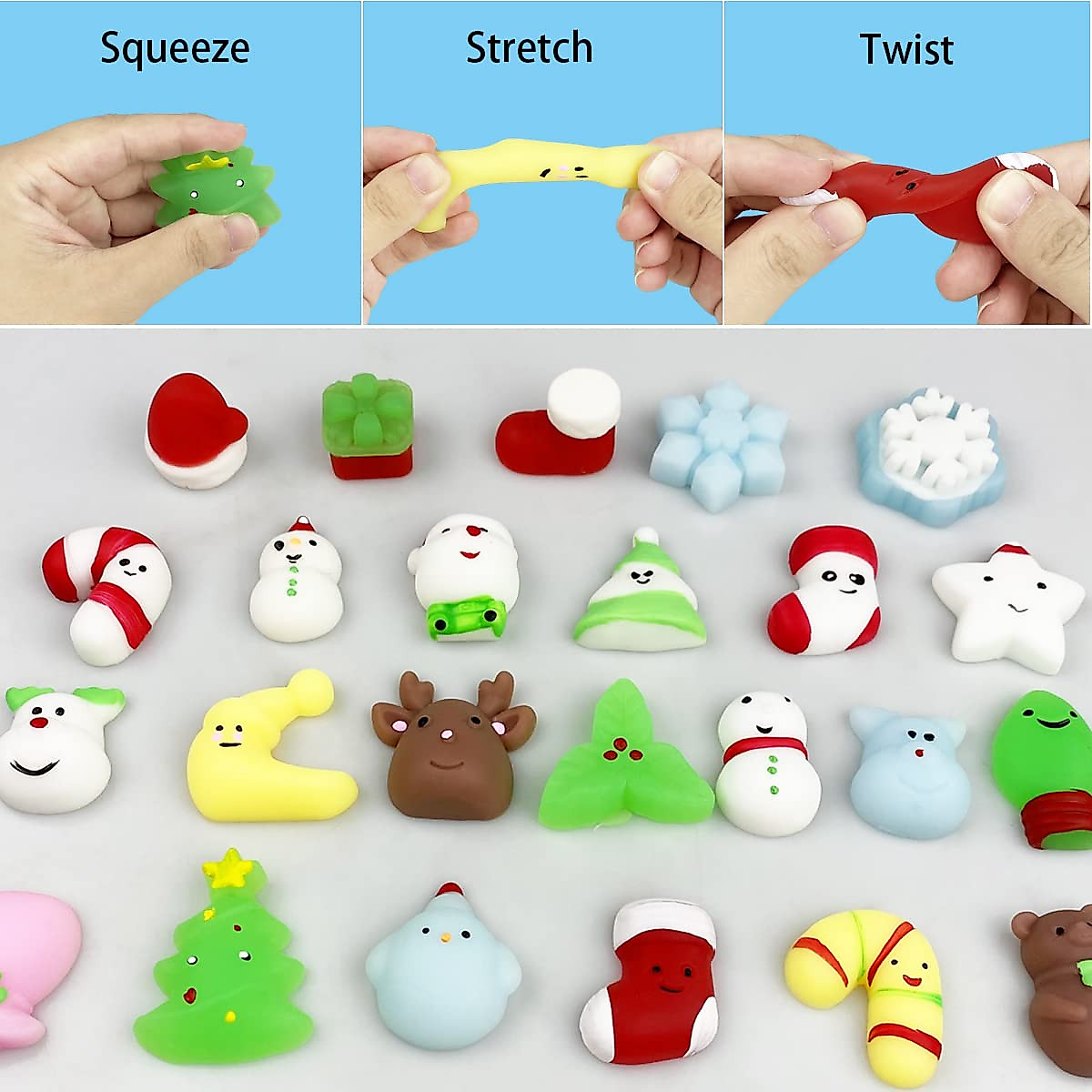 Jofan 24 PCS Christmas Mochi Squishy Toys Christmas Toys Squishies for Kids Girls Boys Toddlers Christmas Party Favors Stocking Stuffers Gifts