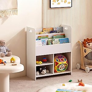 VECELO Kids Book Organizer - Wooden Children’s Bookshelf with 3-Tier Display and 2-Tier Storage Compartments, Easy-to-Access Toddler Bookcase for Playroom, Bedroom, or Nursery - White