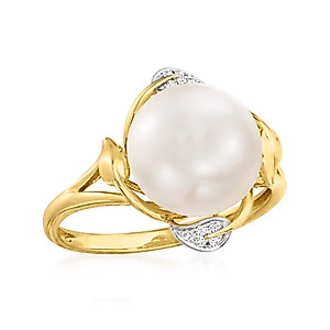 Ross-Simons 10-10.5mm Cultured Pearl Leaf Ring With Diamond Accents in 14kt Yellow Gold. Size 9