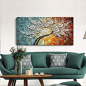 Diathou 20x40in 3D Abstract Paintings,Hand-Painted Painting of White Flowers and Trees, Canvas Wood Frame, Ready to Hang The Wall to Decorate The Living Room Bedroom