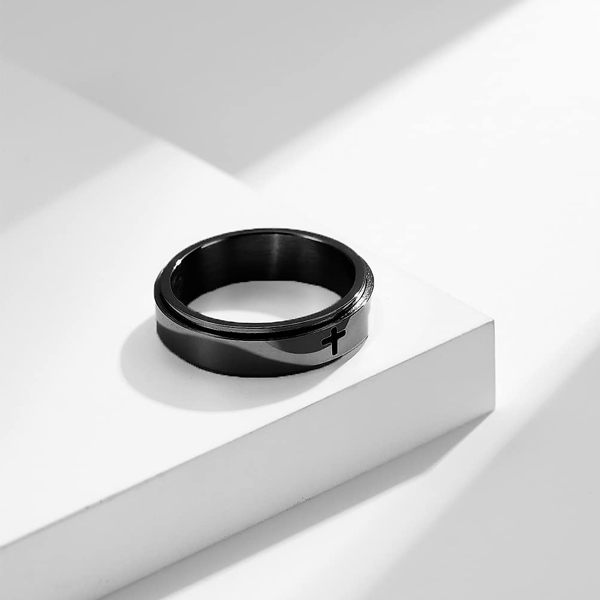 Minimalist Cross Christian Jesus Christ Lord Prayer Rotating Stress Relief Spinner Fidget Band Rings for Men Women for Anxiety Finger Rotate Freely Stainless Steel Fashion Cool Ring Birthday Bff Gifts (Black, 5)