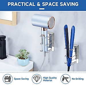 Hair Dryer Holder, XILIMEN Wall Mounted No Drilling Required Straightener Holder, Stainless Steel Curling Iron Holder for Bathroom Bedrooms（Silver）