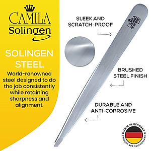 Camila Solingen CS25 4" Professional Surgical Grade Stainless Steel Precision Tip Eyebrow Tweezers for Facial Hair Shaping & Removal. Beauty Tool for Men/Women. Made in Solingen Germany (Slanted)