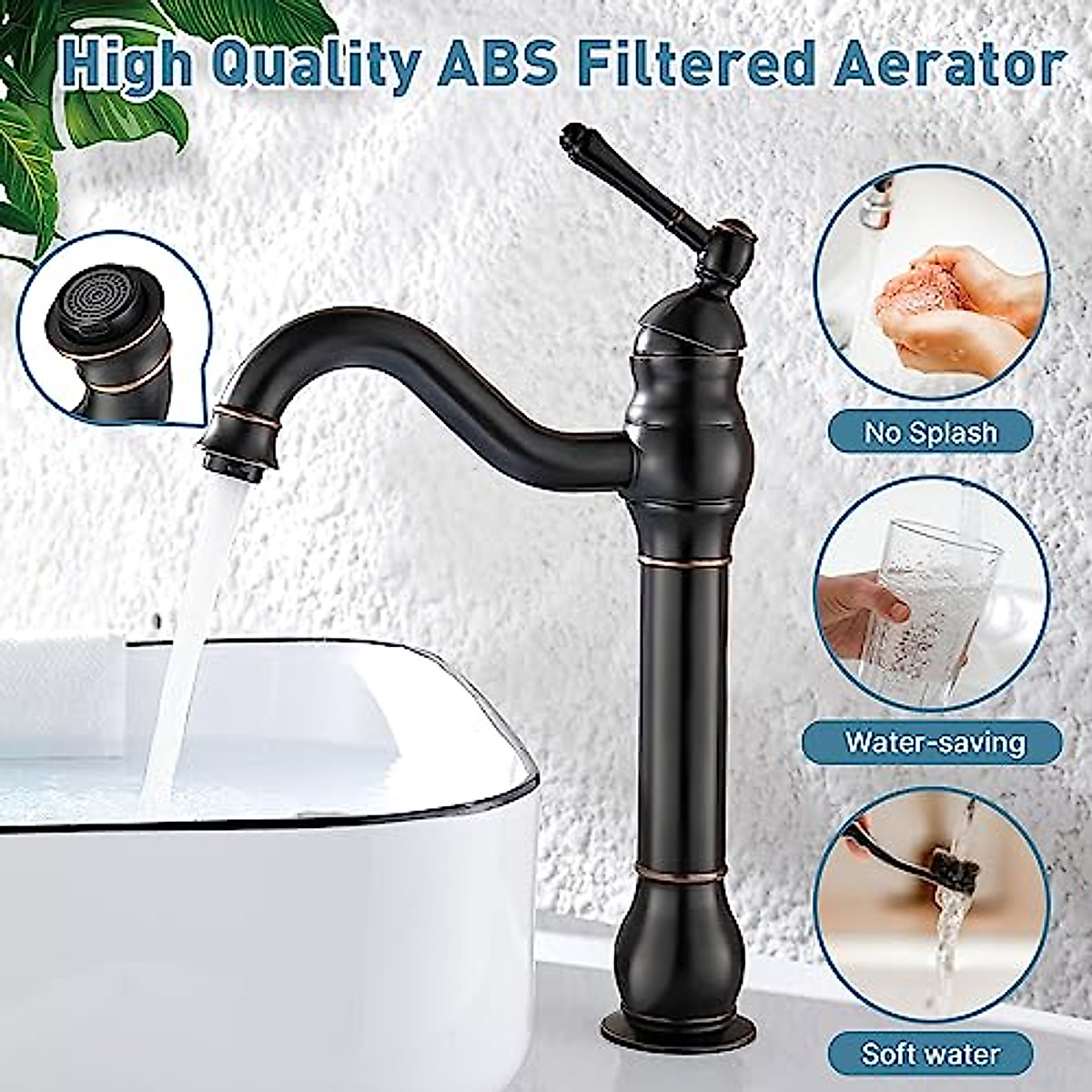 Solepearl Vessel Sink Faucet Oil Rubbed Bronze, 360° Swivel Bathroom Sink Faucet with Pop Up Drain, Countertop 7.87" Tall Spout Single Handle Lavatory Vanity Mixer Tap, Single Hole Deck Mount