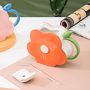 berjaya 13 oz Flower Shaped Ceramic Mug with Straw and Lid Large Capacity Coffee Home Decoration Gift (yellow)