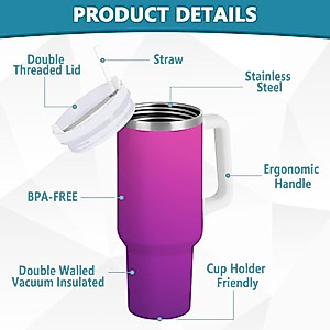 ODAWA Gradient Purple Tumbler Cup with Straw and Lid Travel Mug 40 Oz Stainless Steel Water Bottle