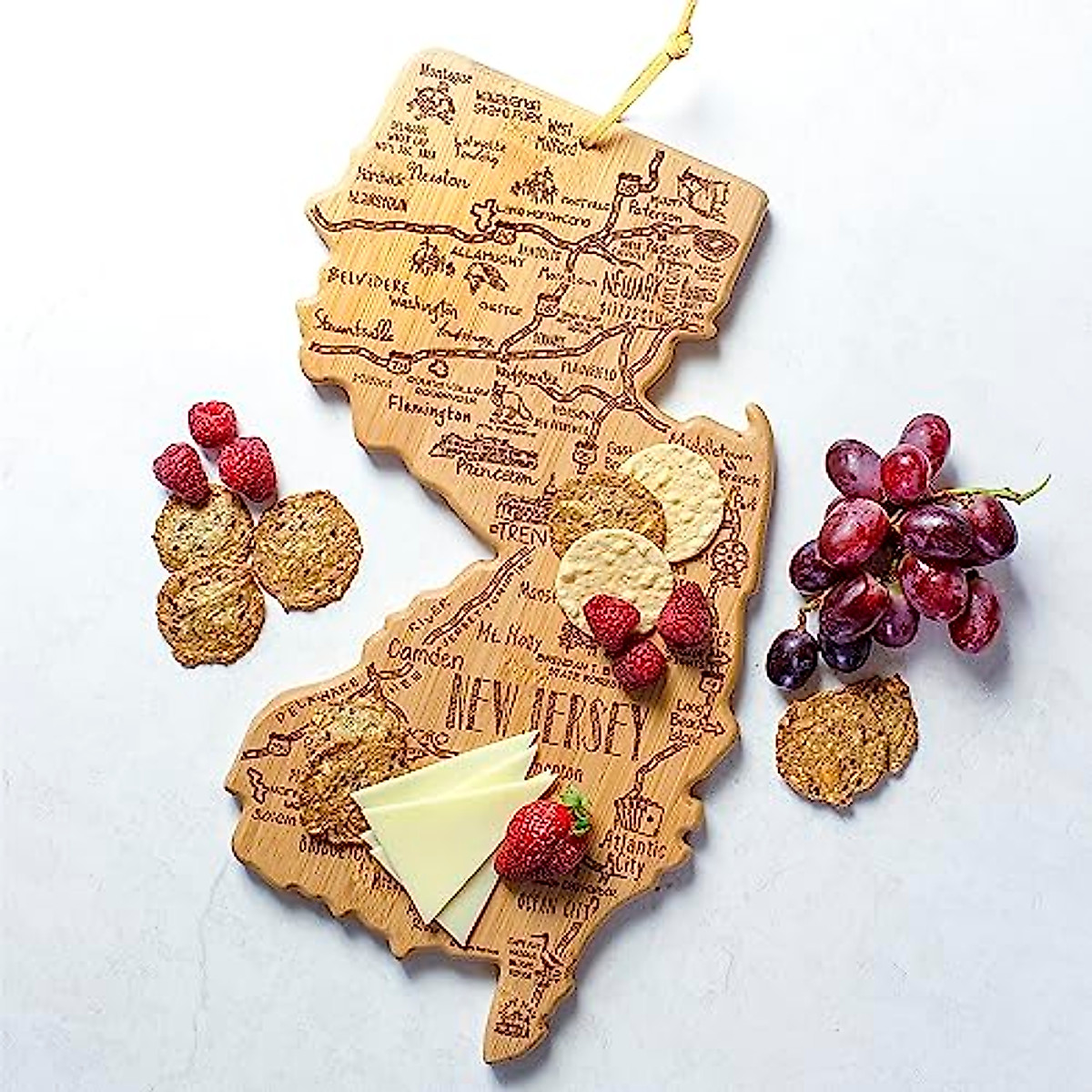 Totally Bamboo Destination New Jersey State Shaped Serving and Cutting Board, Includes Hang Tie for Wall Display