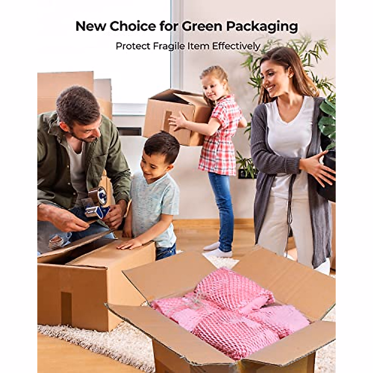 MUNBYN Pink Honeycomb Packing Paper, 15 Inches x 120 Feet Packing Glass Paper, Bubble Wrap for Dishes and Plates, Packing, Moving, with 16 Fragile Stickers and 100ft Twine