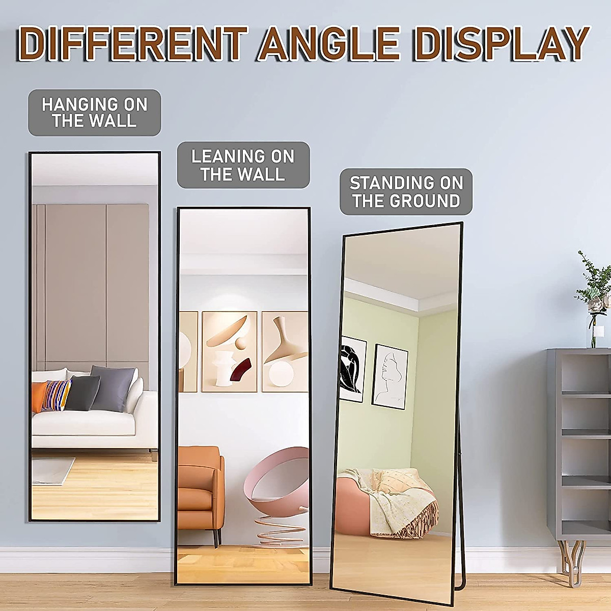 Yone jx je 65" x 24" Full Length Mirror Hanging Standing or Leaning, Bedroom Mirror Floor Mirror Wall-Mounted Mirror with Alloy Frame, Black