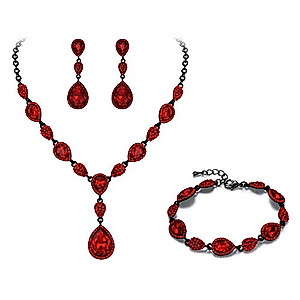 EleQueen Women's Wedding Bridal Jewelry Sets for Brides Bridesmaids, Cubic Zirconia Teardrop Necklace Tennis Bracelet Dangle Earrings Jewellery Set Ruby Black-Tone