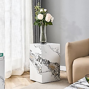 HESIEU Accent Table Side Table with Faux Marble Pattern Modern White Coffee Table Cube Stylish Accent Center Table Cocktail Table Marble Nightstand for Living Room Bedroom Office Dining Room