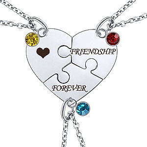 Fanery Sue Personalized Puzzle Pieces Heart Shape Necklace/Kaychain for Best Friends Family Custom Name/Date with Birthstone