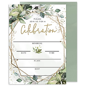 Whaline 25 Sets Greenery Invitations with Envelopes Stickers Watercolor Eucalyptus Leaves Invitation Cards Green Leaves Blank Invites for Wedding Bridal Baby Shower Birthday, 5 x 7 Inch