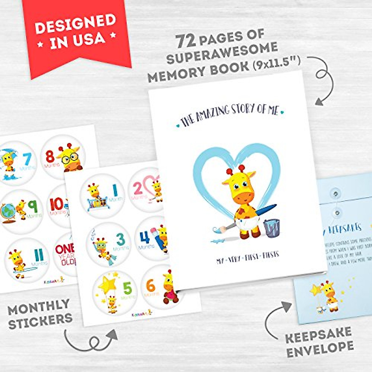 KiddosArt Baby Memory Book. Record Memories and Milestones of The First 5 Years On 72 Beautifully Drawn Pages Starring Lilly The Giraffe Blue. 12 Monthly Stickers Included.