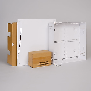 ICC 14” Plastic Structured Wiring Enclosure, Media Enclosure with Voice, Data, and Video Modules with Cover, Recessed Wall Box for Distribution of Networking Services, White