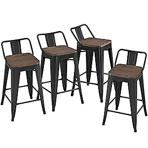 Topeakmart Count Height Bar Stool 4PCS Metal Stools with Low Back & Wood Top for Outdoor & Indoor Barstools Home Stools Black 24 inch