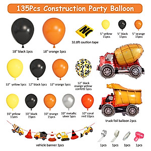 Amandir Construction Party Balloon Garland Kit, Construction Birthday Party Supplies with Orange Black Truck Foil Balloon Caution Tape Truck Banner for Construction Quarantine Party Decorations