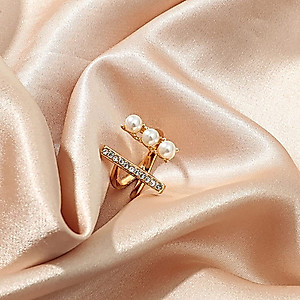 Vintage CZ Tiny Bar Pearl Open Band Ring for Women Girls Gold Plated Cubic Zirconia Statement Adjustable Expandable Shell Pearls Finger Rings Comfort Fit Dainty Wedding Anniversary Christmas Jewelry