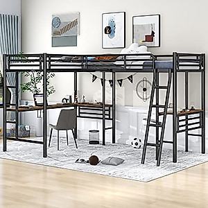 Morhome Metal Loft Bed with Two Built-in Desks, Twin Size L-Shaped Loft Bed with Full-Lenght Guardrail and Two Ladder, 2 Beds in 1 Corner Loft Bed for Kids Teens Adults, No Box Spring Needed