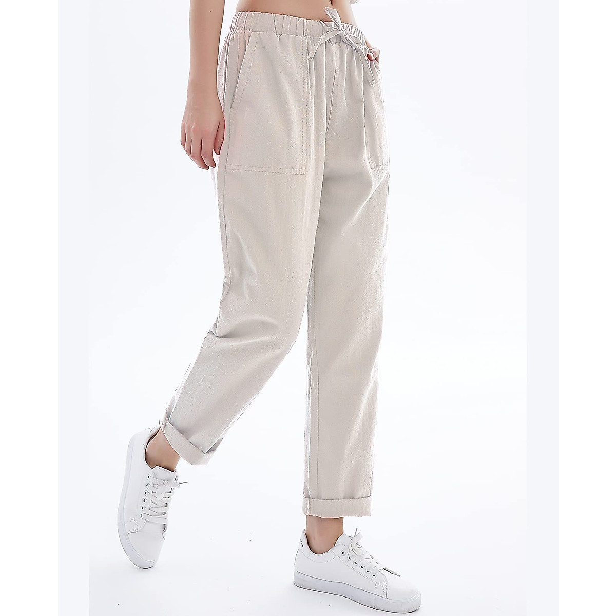 Women's Drawstring Linen Pants Women Elastic Waist Soft Cotton Cropped Linen Pant Large Khaki