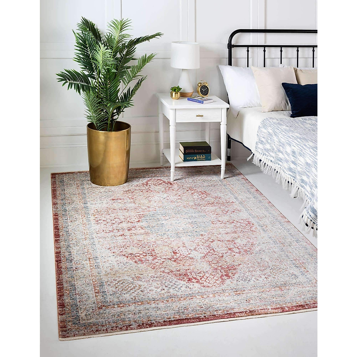 Unique Loom Noble Collection Country, Traditional, Distressed, Vintage, Geometric, Border Area Rug, 8' 0" x 9' 11", Red/Ivory