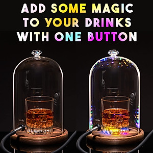 Smoking Gun Accessory LED lights Glass Dome 9" x 5.7" Lid Wooden Base - Glass Smoke infuser Cover Lid for Cocktail Smoker - Dome for Cold Smoke, Smoking Cloche for Drinks