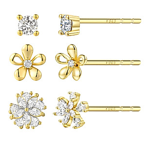 925 Sterling Silver Post Flowers Stud Earrings 14k Gold Plated 3 Pair Earrings Set for Women Hypoallergenic Cubic Zirconia Tiny Snowflake Earring for Girl