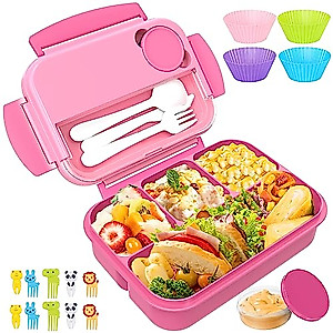 Bento Box, Lunch Box Kids, Bento Lunch Box for Kids/Toddler/Adults, 1300ML-4 Compartment Bento Box Adult Lunch Box w/Food Picks Cake Cups, Built-in Utensil Set, Leak-Proof, Food-Safe Materials(Pink)