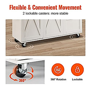 VEVOR Kitchen Island Cart with Solid Wood Top, 45.3" Width Mobile Carts with Storage Cabinet, Rolling Kitchen Table with Spice Rack, Towel Rack, Drop Leaf and Drawer, Portable Islands on Wheels, White