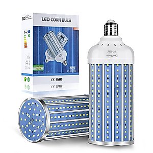LED Corn Light Bulb 500W Equivalent 5000 Lumen 6500k 50W Large Area Cool Daylight White E26/E27 Medium Base Corn Bulb for Outdoor Indoor Garage Warehouse Factory Workshop Street Backyard Pack of 2