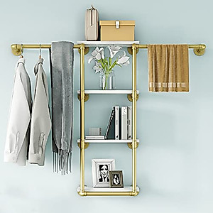 Wall Mounted Pipe Clothing Rack with Shelf,Gold Industrial Clothes Rack with 4 Tier Closet Bar Heavy Duty Iron Garment Rack, Retail Display Clothes Rod for Hanging Clothes,Laundry Room (Gold)