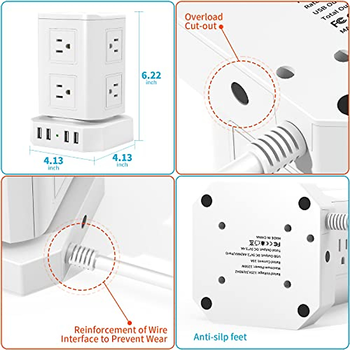 Surge Protector Power Strip Tower with USB Ports, 6FT Charging Station Long Extension Cord with Multiple Outlets, 8 AC Multi Plug Outlet Extender 4USB Ports 1800J Overload Protection for Home Office