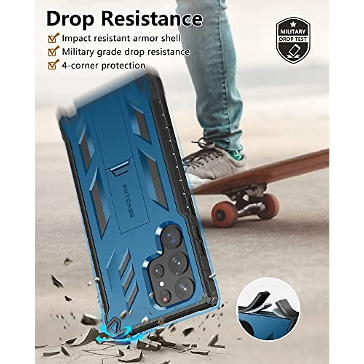 FNTCASE for Samsung Galaxy S23-Ultra Case: Military Grade Drop Proof Protection Mobile Cover with Kickstand | Matte Textured Rugged Shockproof TPU | Protective Sturdy Phone Case - Blue