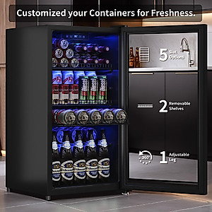 3.2 Cu.Ft Beverage Fridge, Mini Fridge With Glass Door, Beverage Cooler Refrigerator, Wine Drink Beer Fridge, Adjustable Shelves & Digital Temperature Display, 26 Bottle 128 Can